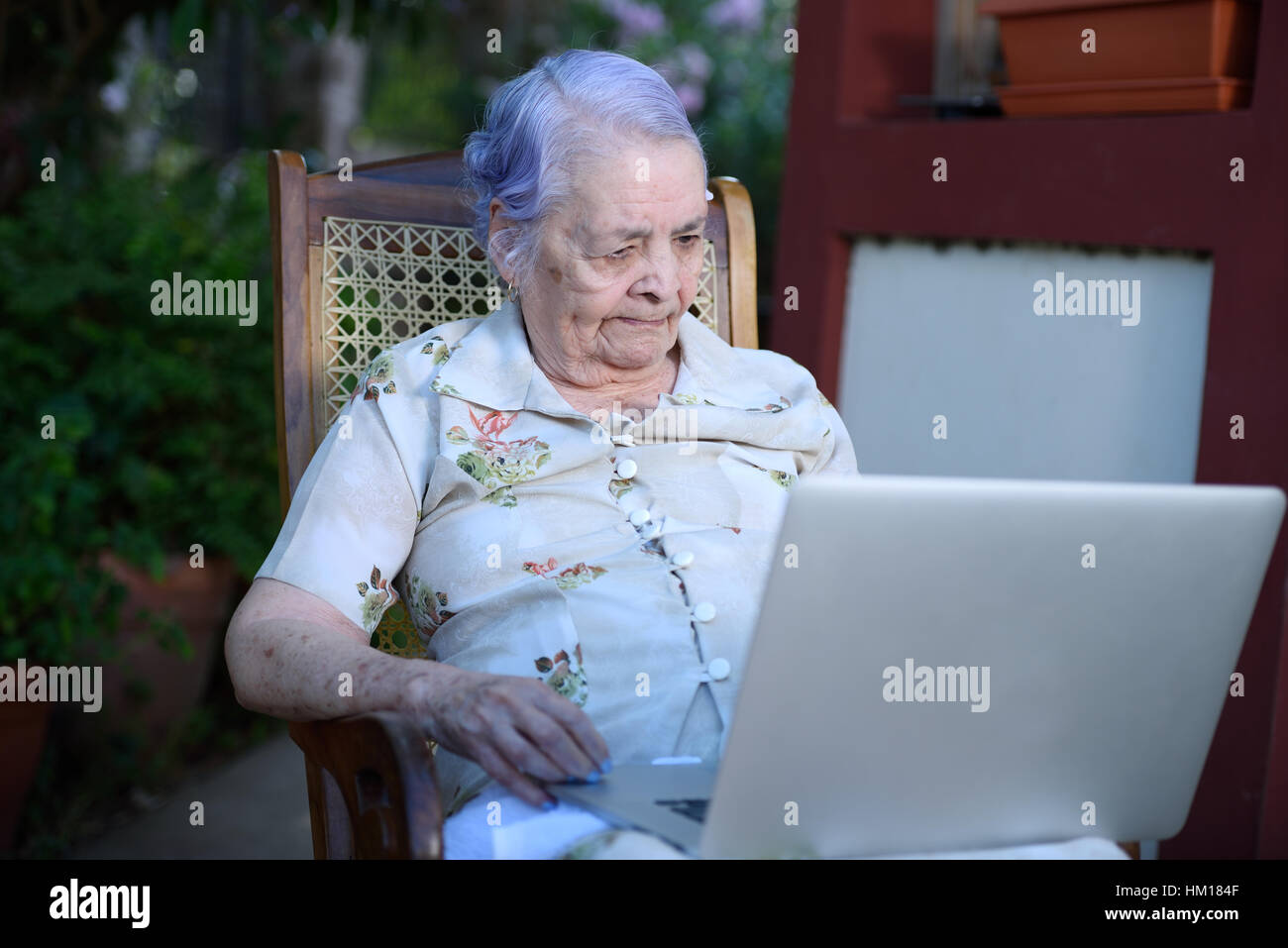 Smart grandma using and working on a laptop Stock Photo - Alamy
