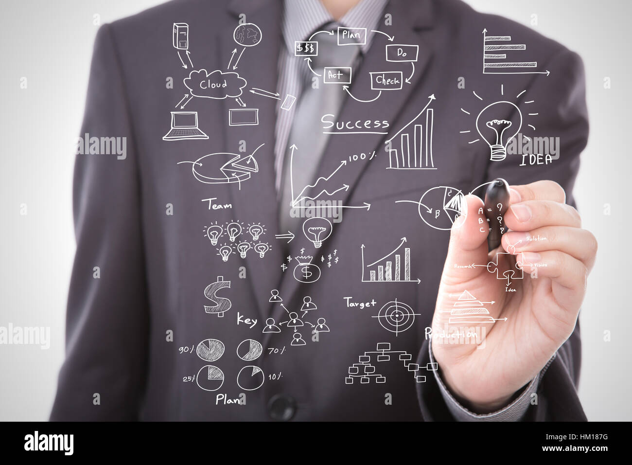 Businessman hand drawing business concept isolated on white background ...