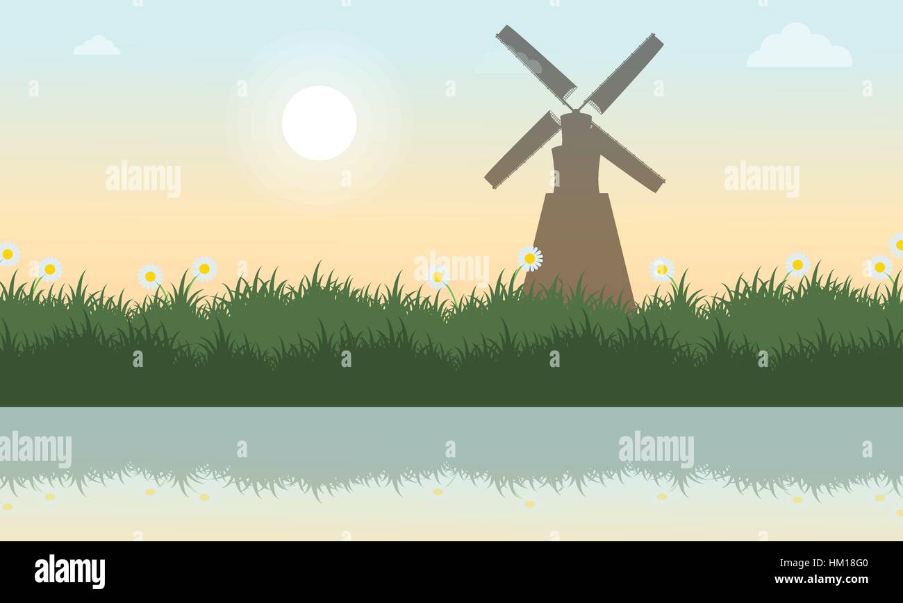 At spring with grass and windmill landscape Stock Vector Image & Art ...