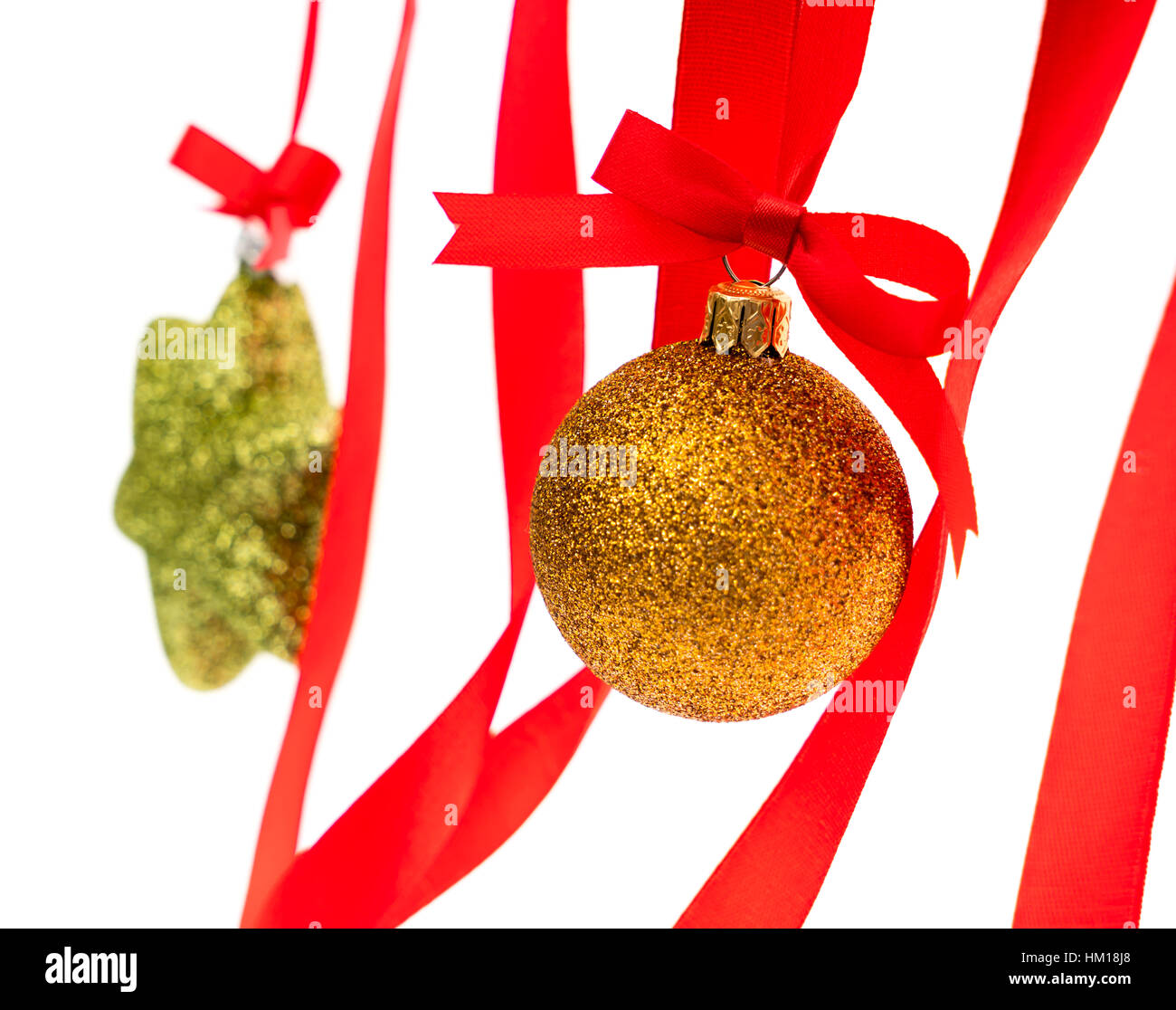Beautiful christmas decorations with Shiny red ribbon on white ...