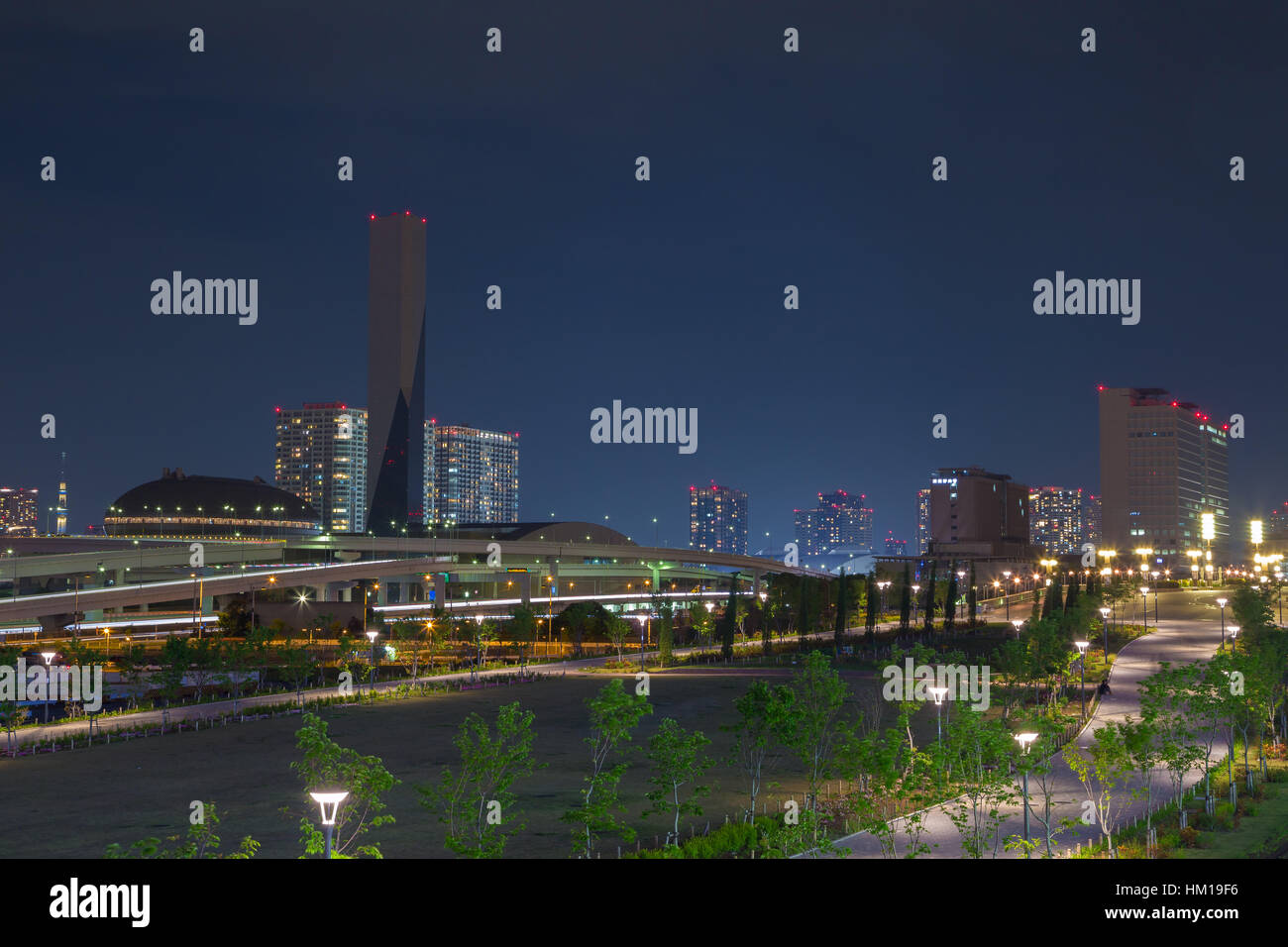 garden walkway with city at night, Odaiba, Tokyo, Japan Stock Photo - Alamy