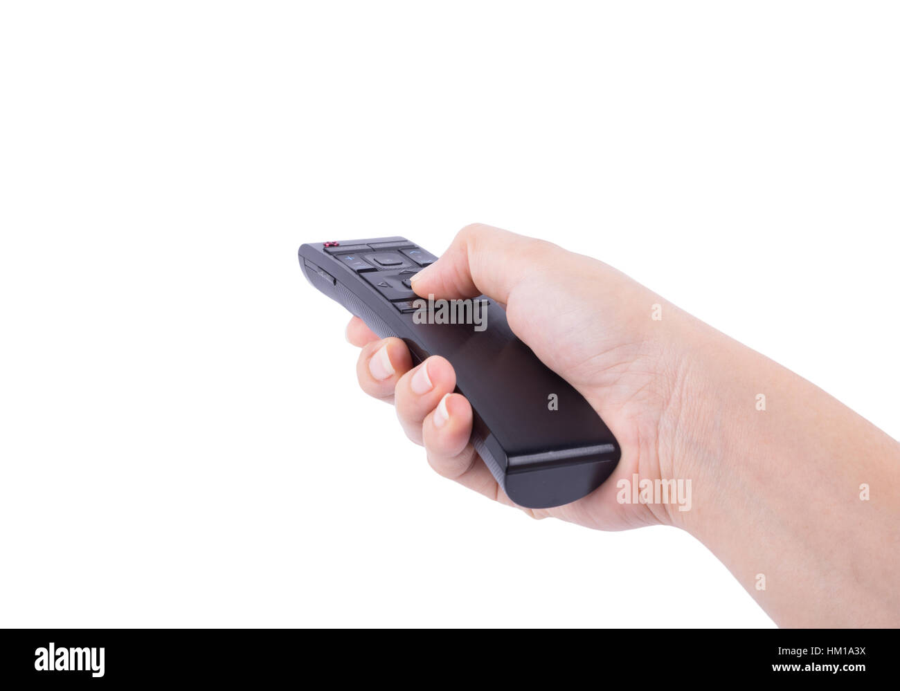 hand with multimedia tv remote control isolated on white background ...