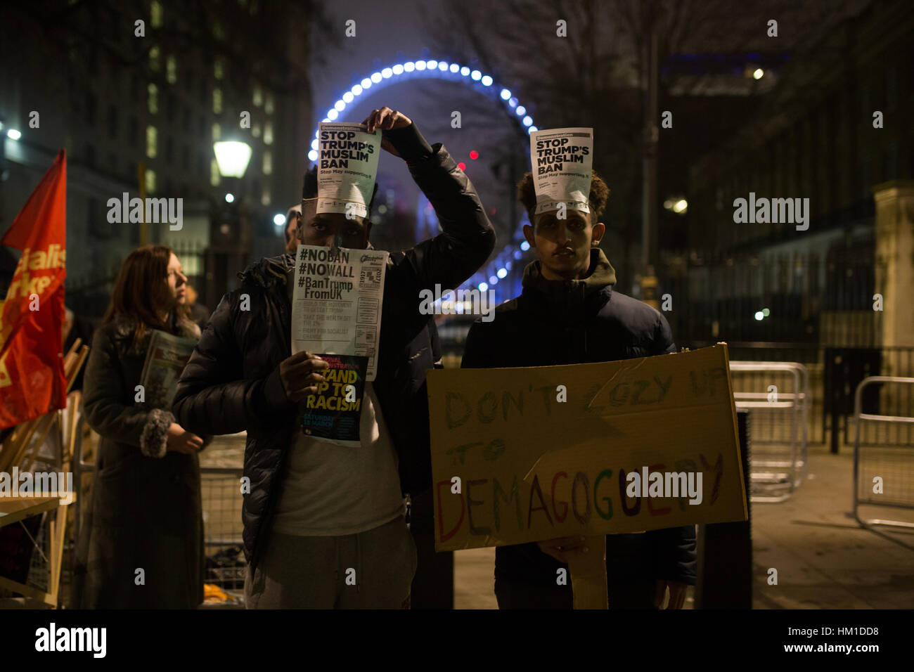 London, UK. 30th Jan, 2017. Protesters against Trump's Muslim Ban at ...