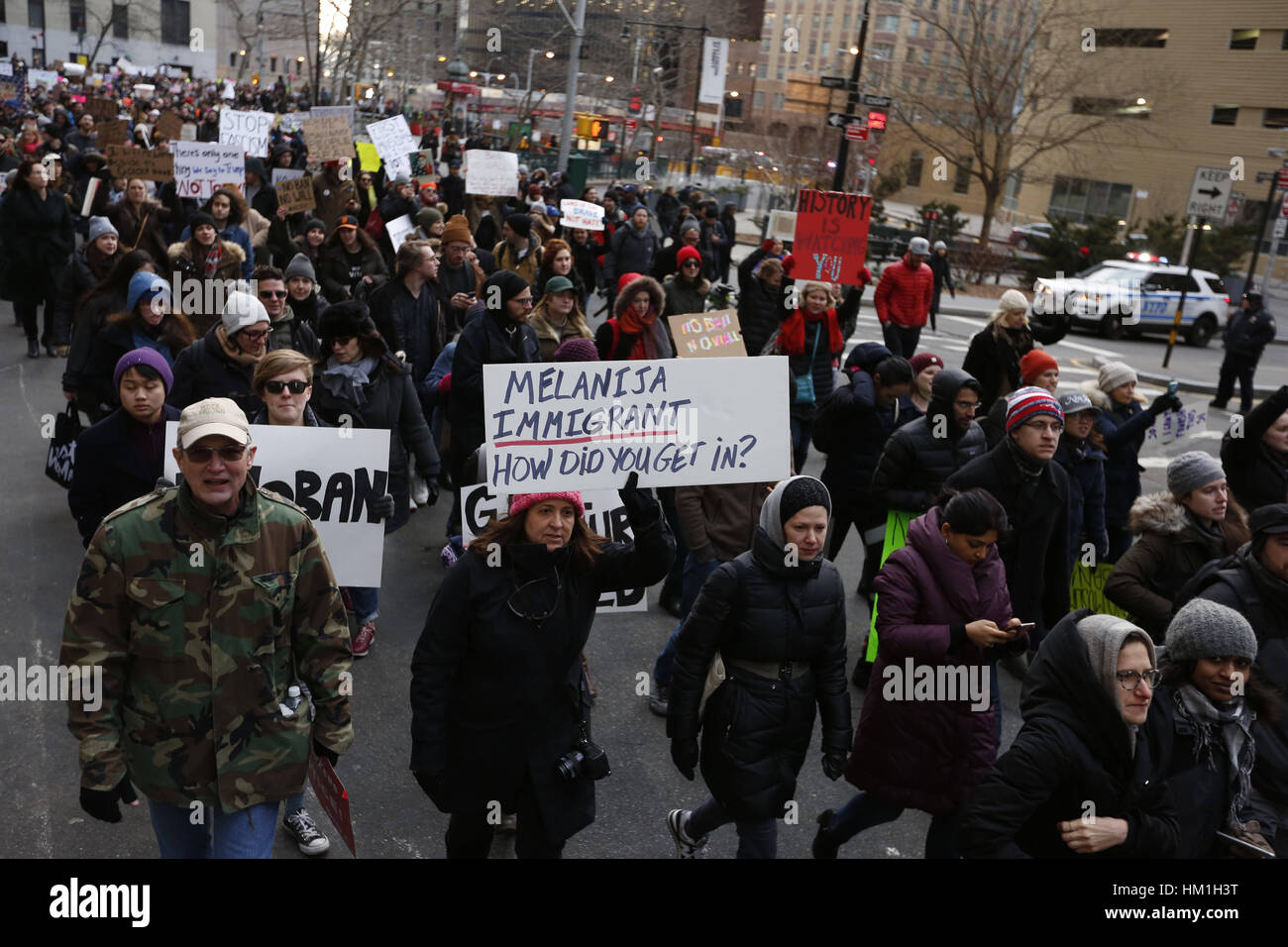 Manhattan, New York, USA. 29th Jan, 2017. Protesters march north on ...