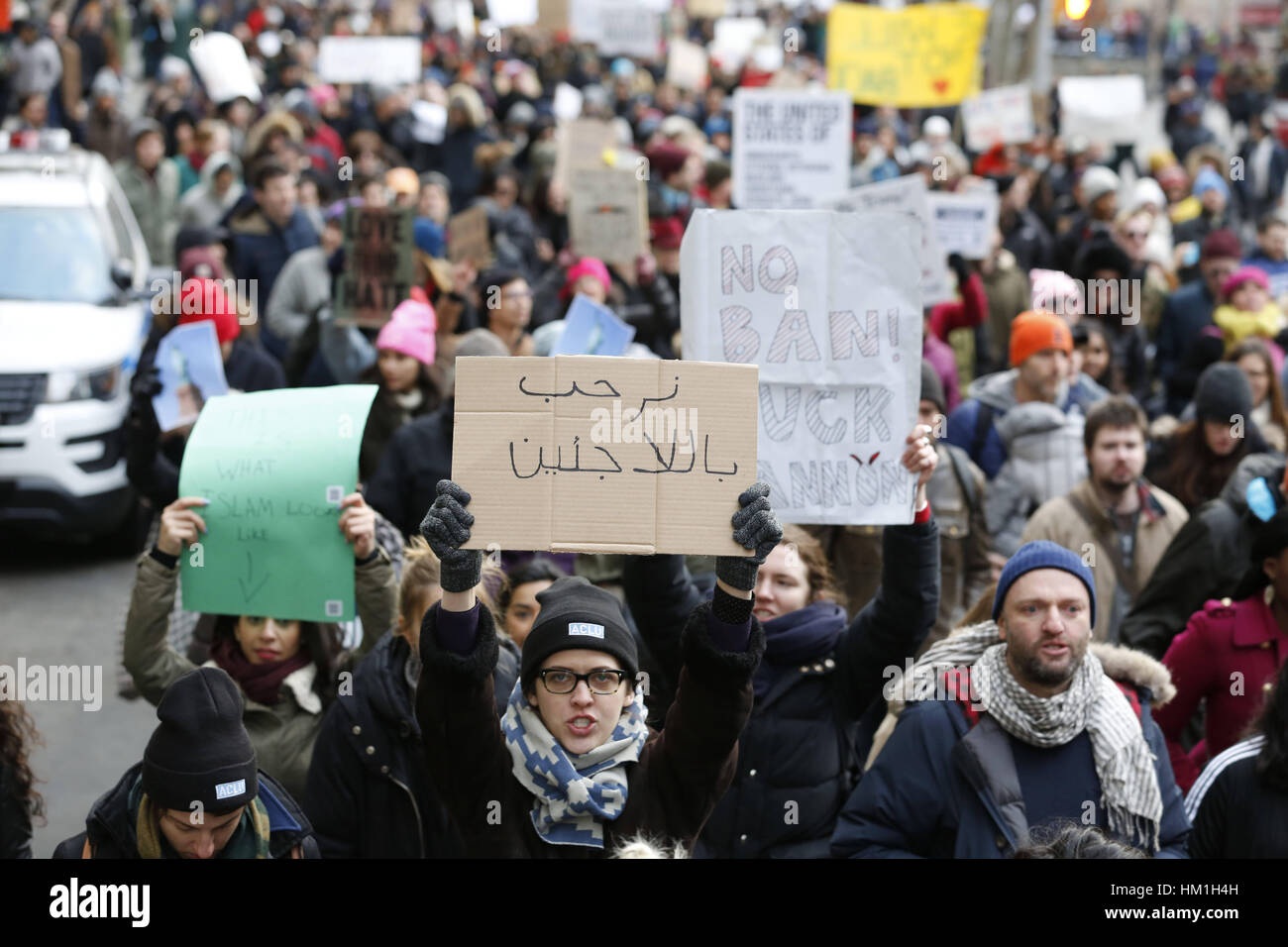 Manhattan, New York, USA. 29th Jan, 2017. Protesters march north on ...