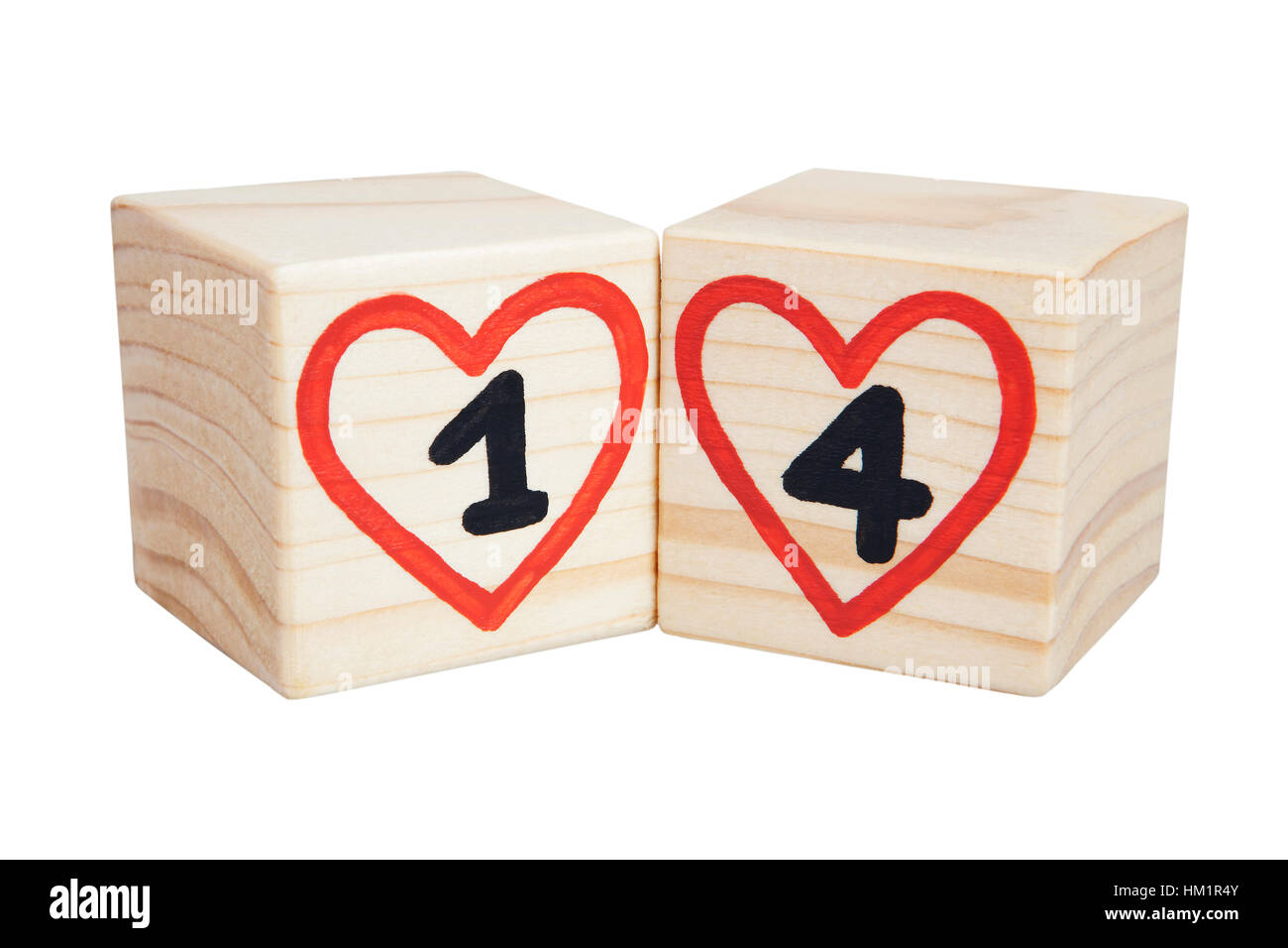 Valentine's day. Wooden cubes with handwritten number one and four ...