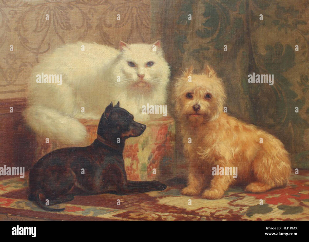 This artwork by J.H. Dolph features a Persian cat and two dogs ...