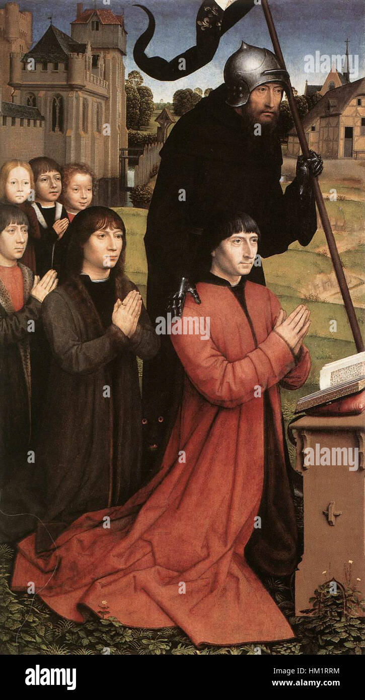 The left wing of Hans Memling's 'Triptych of the Family Moreel' depicts intricate religious and ...