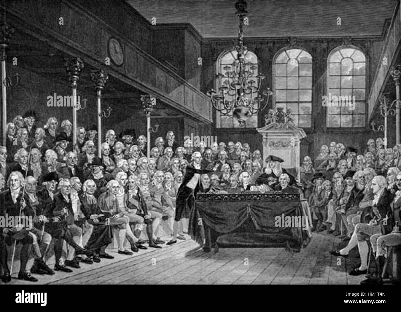 This artwork depicts the interior of the British House of Commons ...