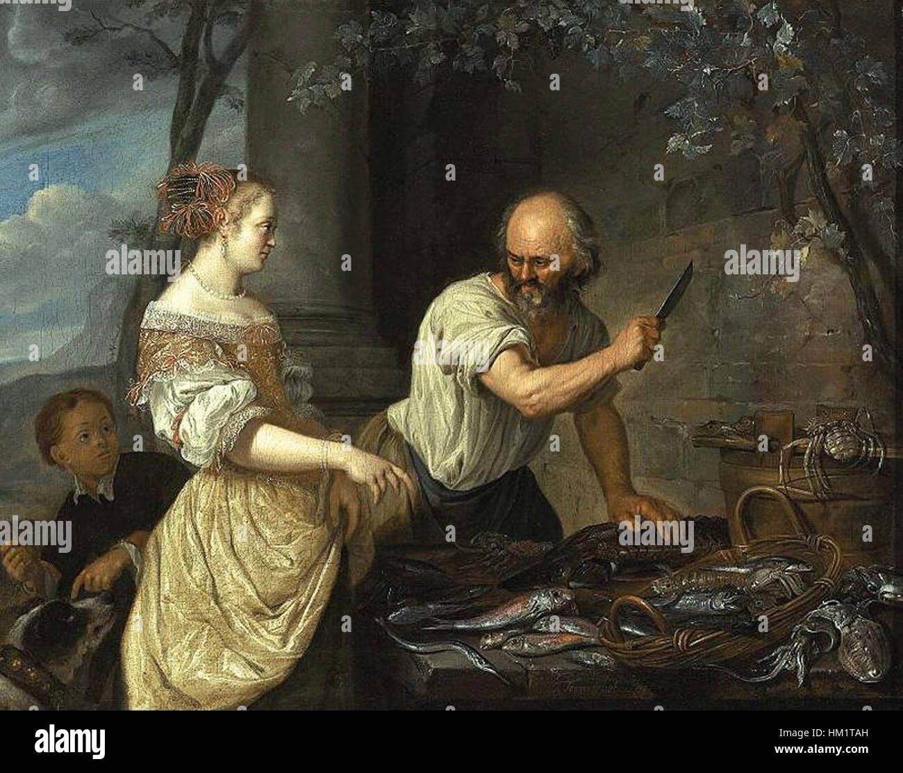 Jacob Toorenvliet's 'A Fish Seller' depicts a 17th-century market scene, capturing a fishmonger ...