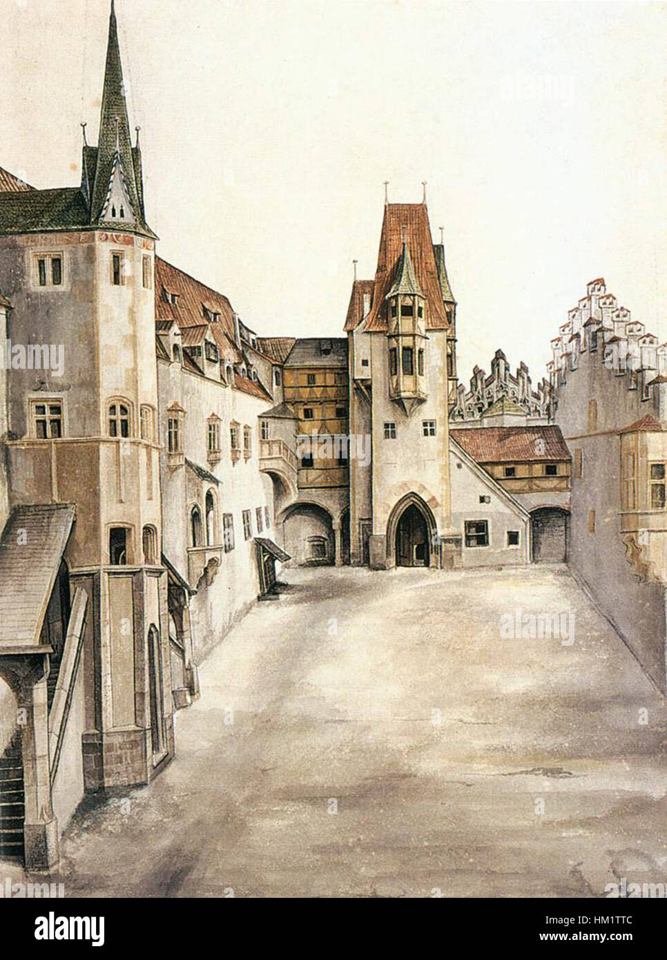 This historical painting portrays the courtyard of Innsbruck Castle ...