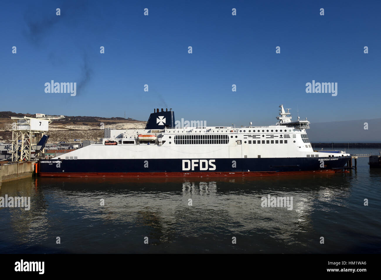 DFDS 'Dunkerque Seaways' ferry ship boat docking at Dover harbour port ...