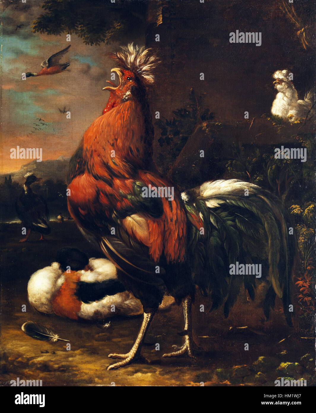 This oil painting, attributed to Jan van Oolen, features a rooster, a ...
