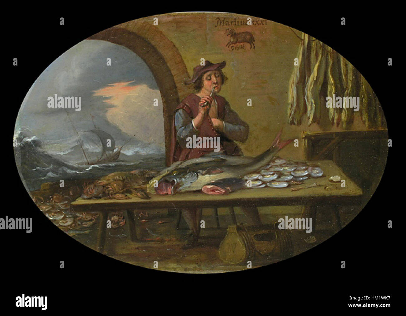 This oil painting by J.L. Wouters depicts a fishmonger at work ...