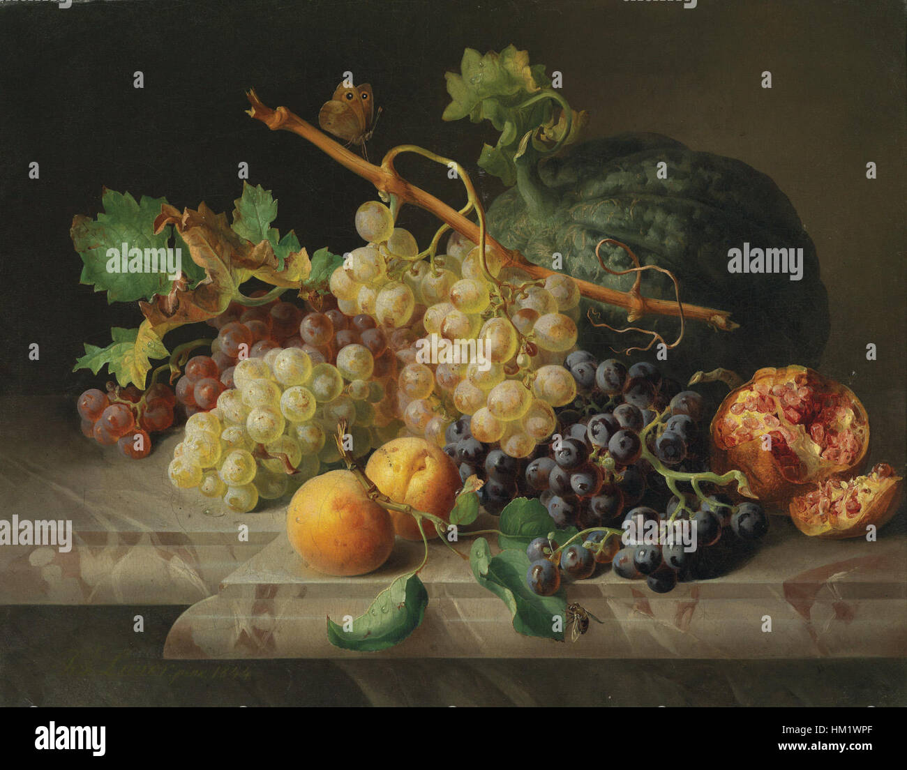 A still life painting by Josef Lauer from 1844, featuring pomegranates ...