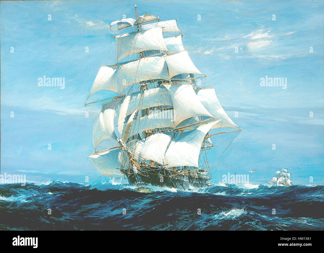 A maritime painting by Jack Spurling depicting the tea clippers Ariel ...