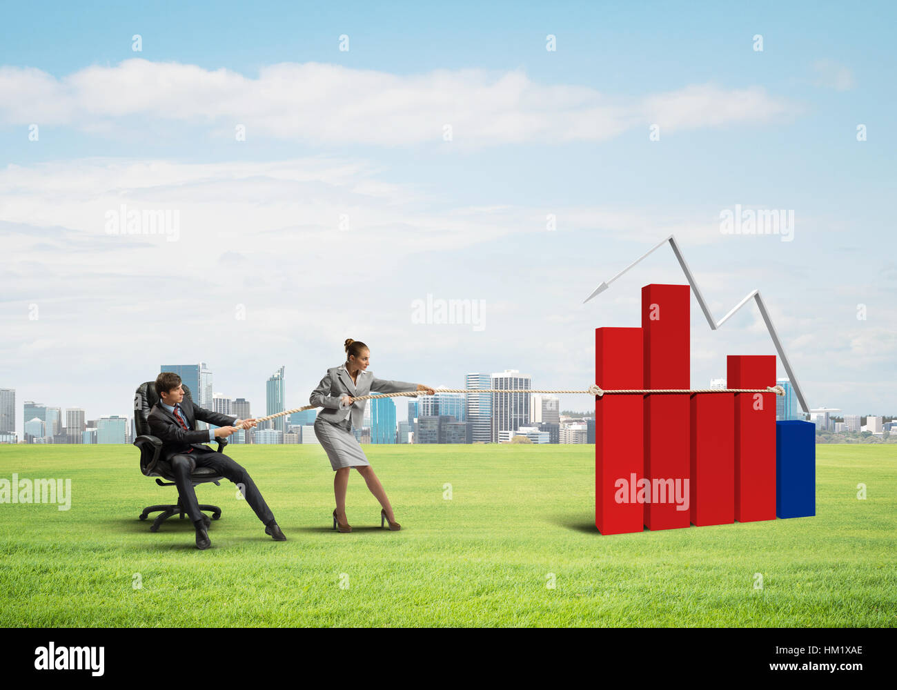 Businesspeople pulling graph with rope as symbol of power and control ...