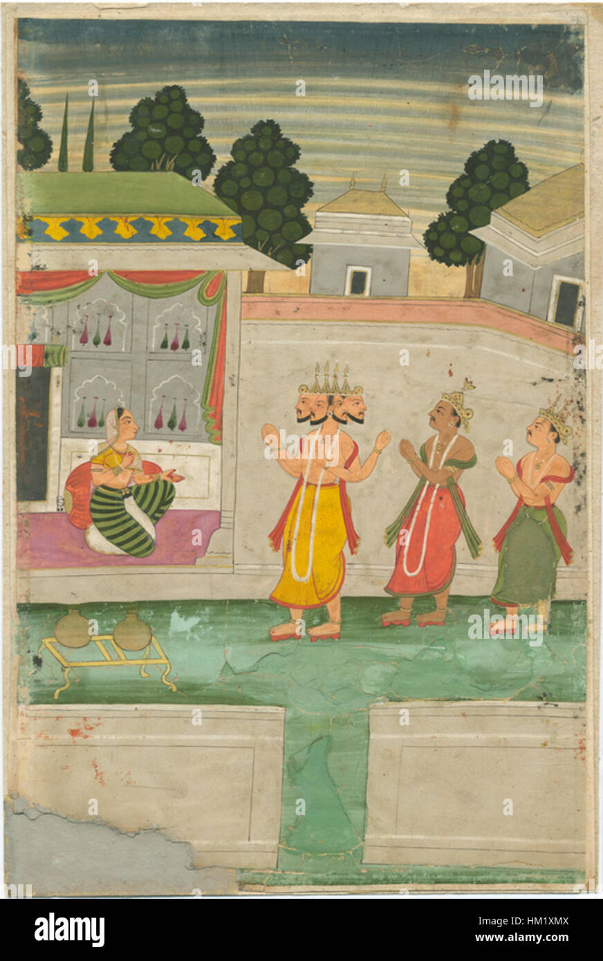 This painting depicts a kneeling woman being greeted by three deities ...