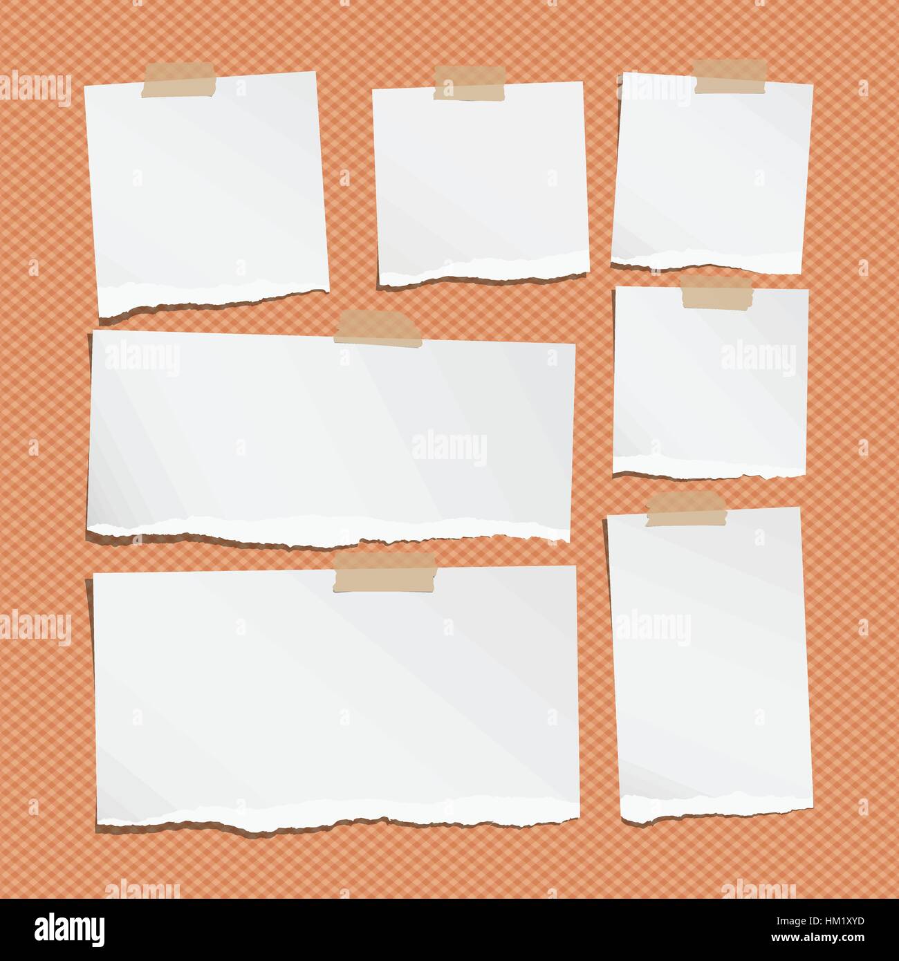 Torn different size white note, notebook, copybook paper sheets stuck ...