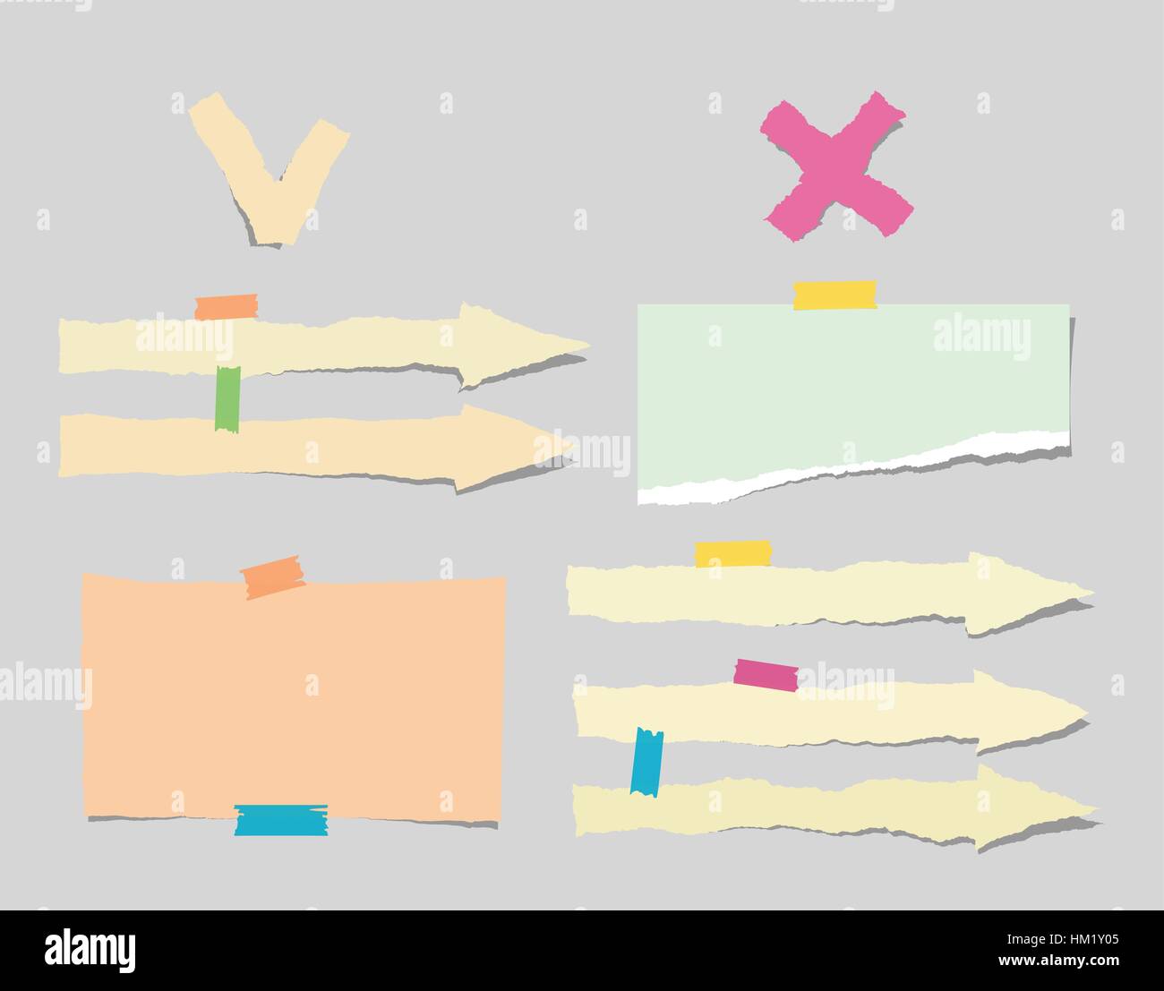 Torn colorful note, notebook, copybook paper sheets, arrow strips stuck ...