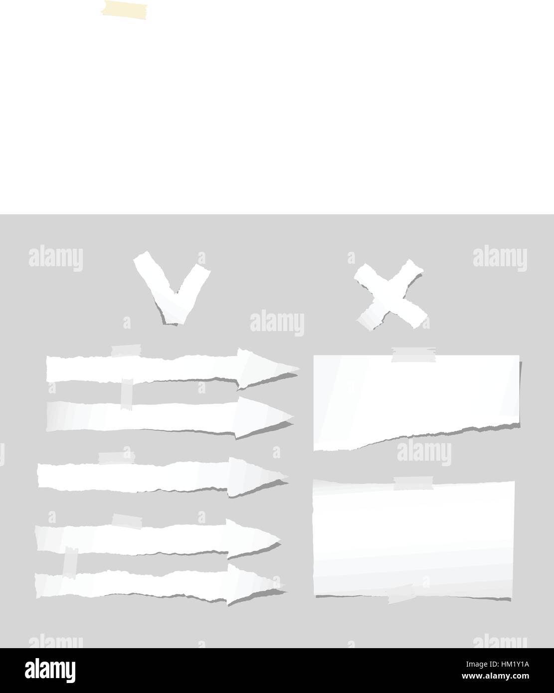 Torn note, notebook, copybook paper sheets, arrow strips stuck on gray ...