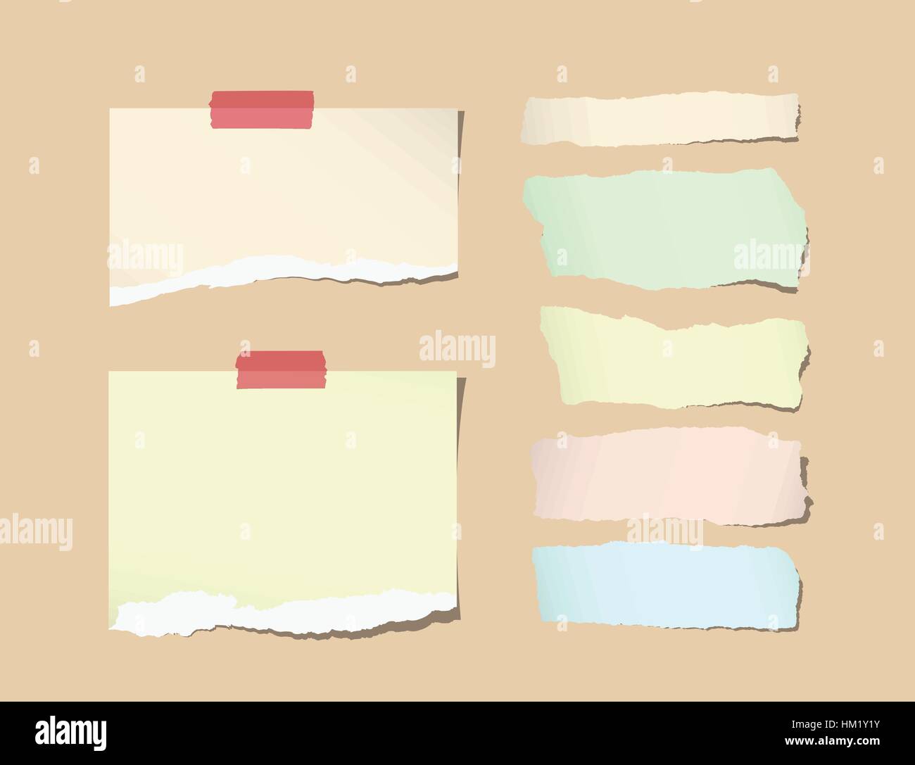 Torn different size white note, notebook, copybook paper sheets, strips ...