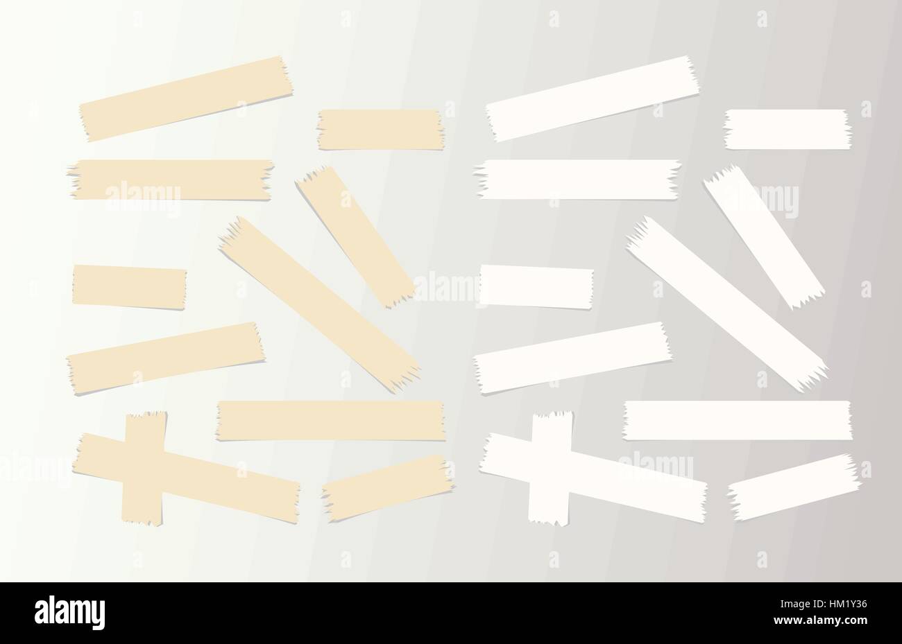 Brown and white different size sticky, adhesive masking tape are on ...