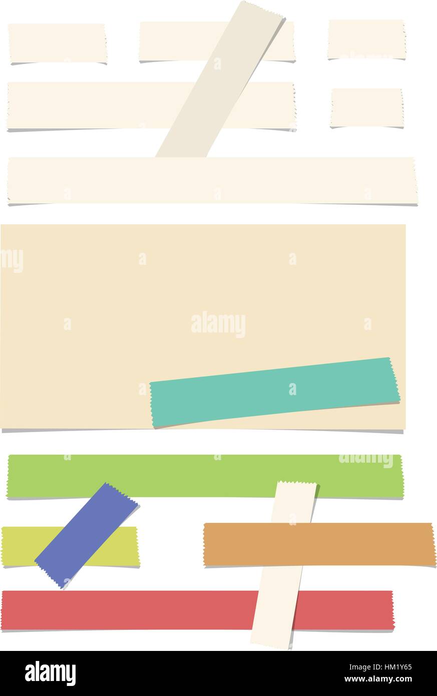 Sticky, adhesive masking tape, note paper stuck on white background ...