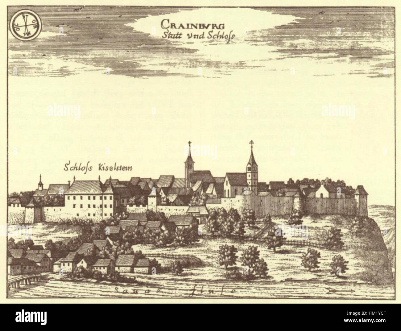 An engraving by Valvasor depicting the town of Kranj in Slovenia ...