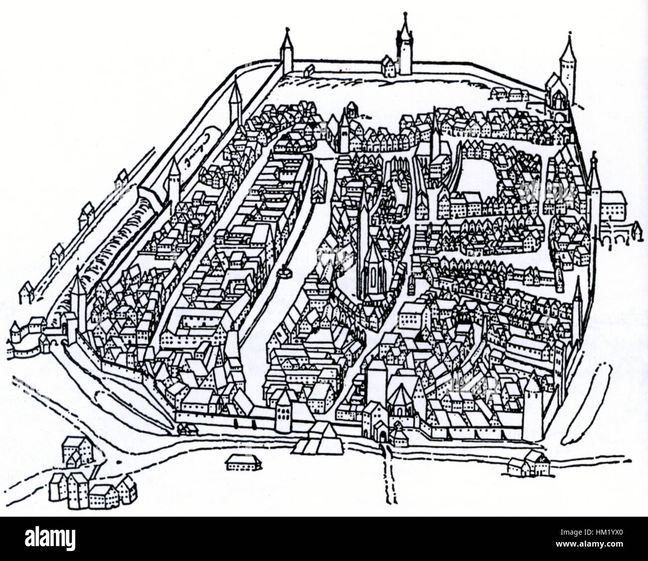 This artwork from around 1580 depicts Kaufbeuren, a town in Bavaria ...
