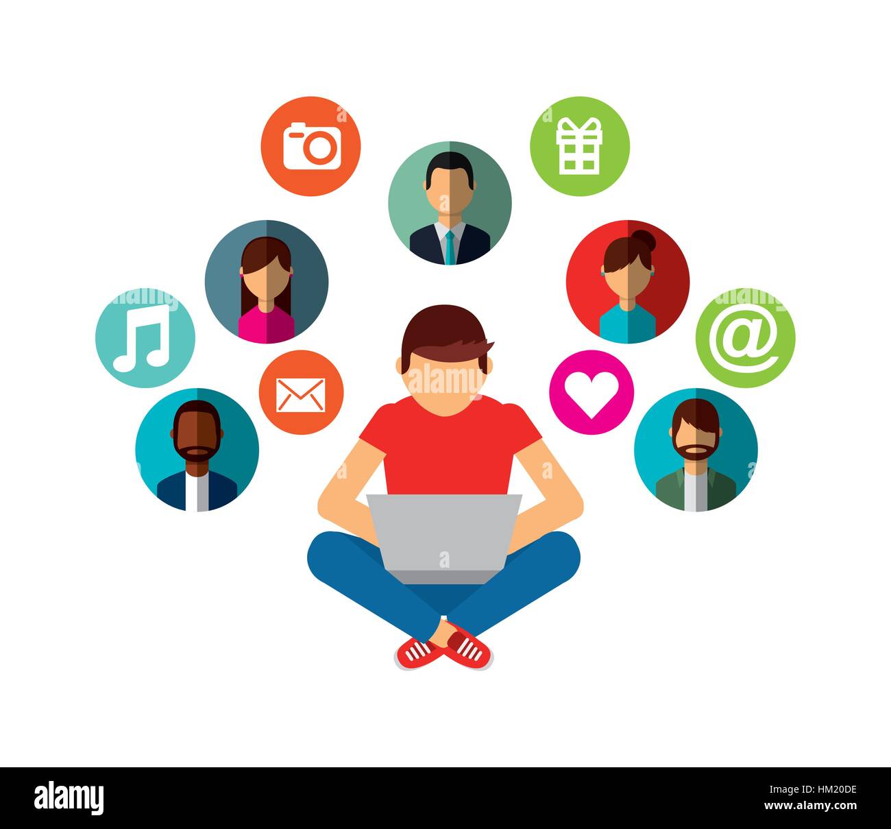 man cartoon with social media icons around over white background ...