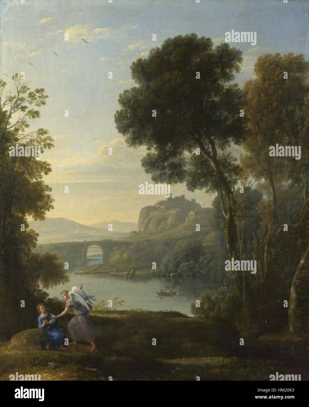 This painting portrays the biblical scene of Hagar and the Angel, a ...