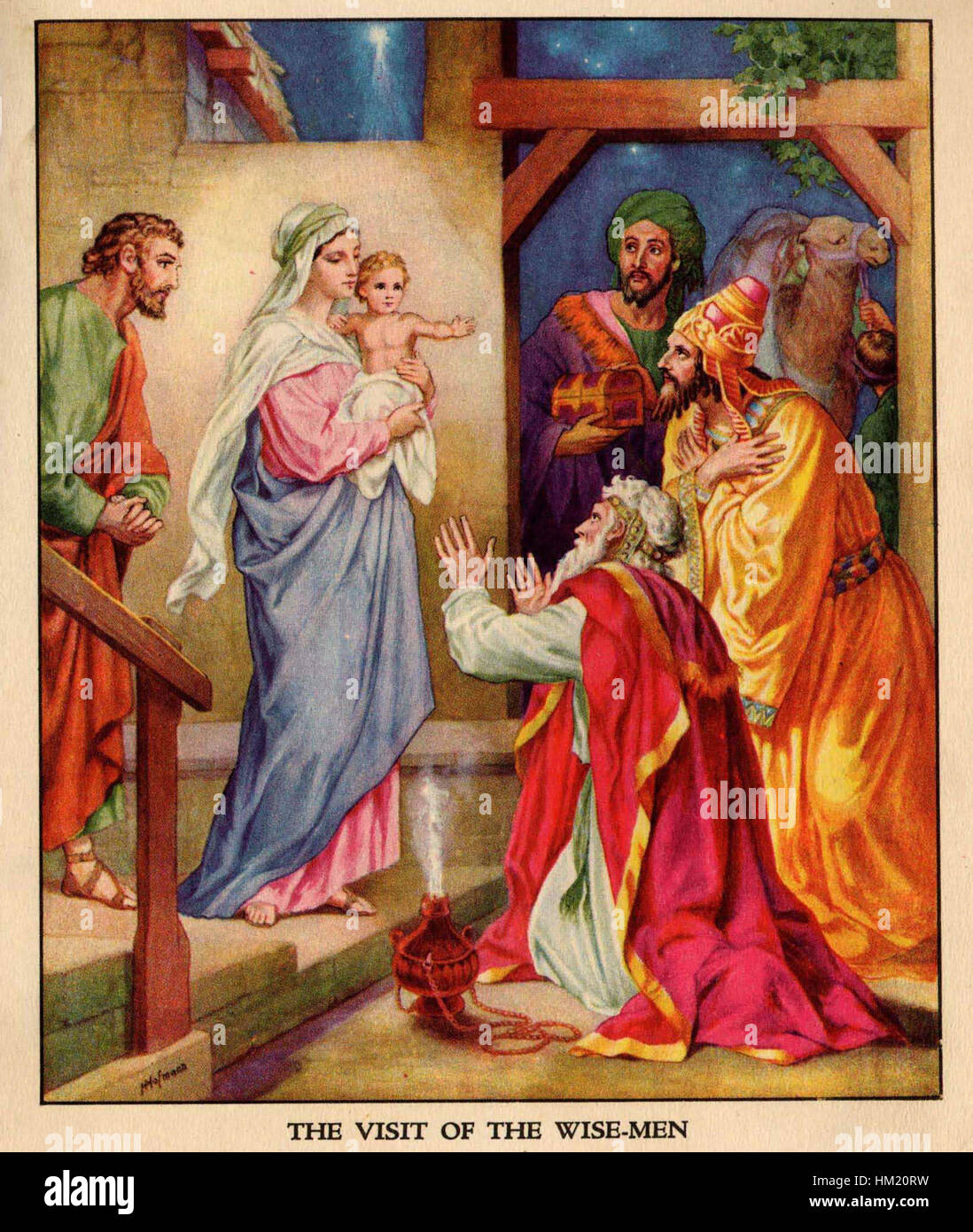 This artwork, titled 'The Visit of the Wise-Men,' depicts the biblical ...