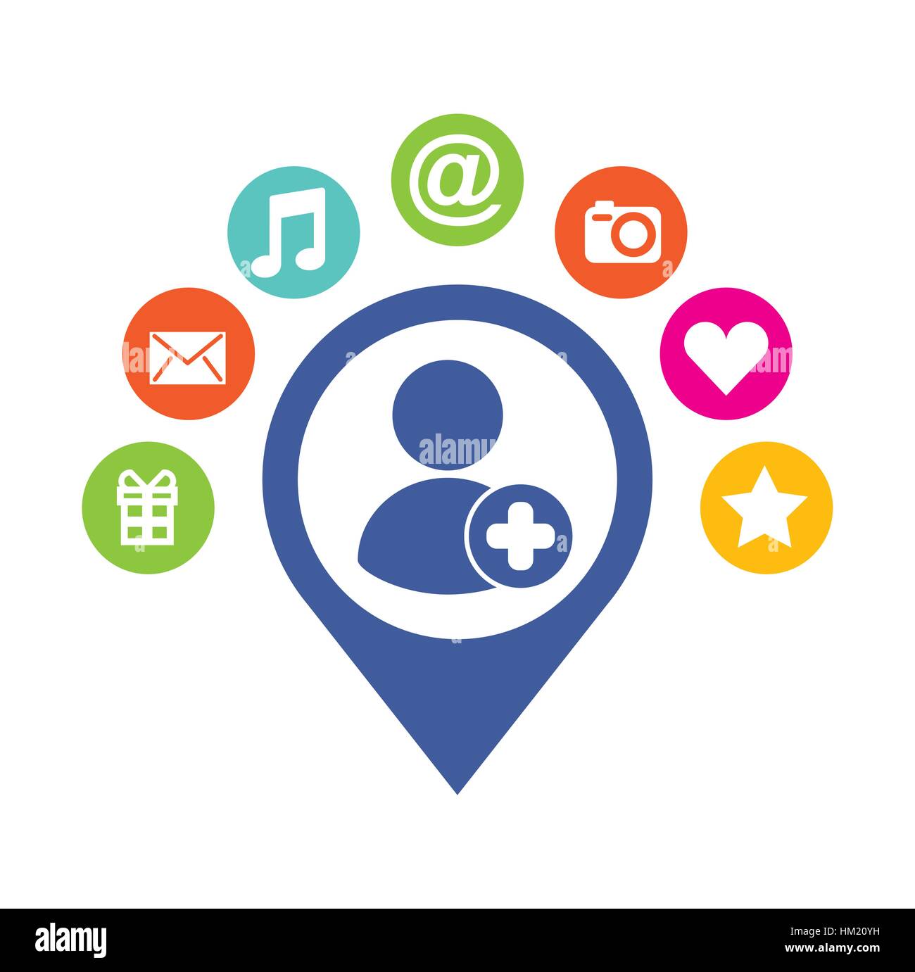 pin location with social media icons around over white background ...