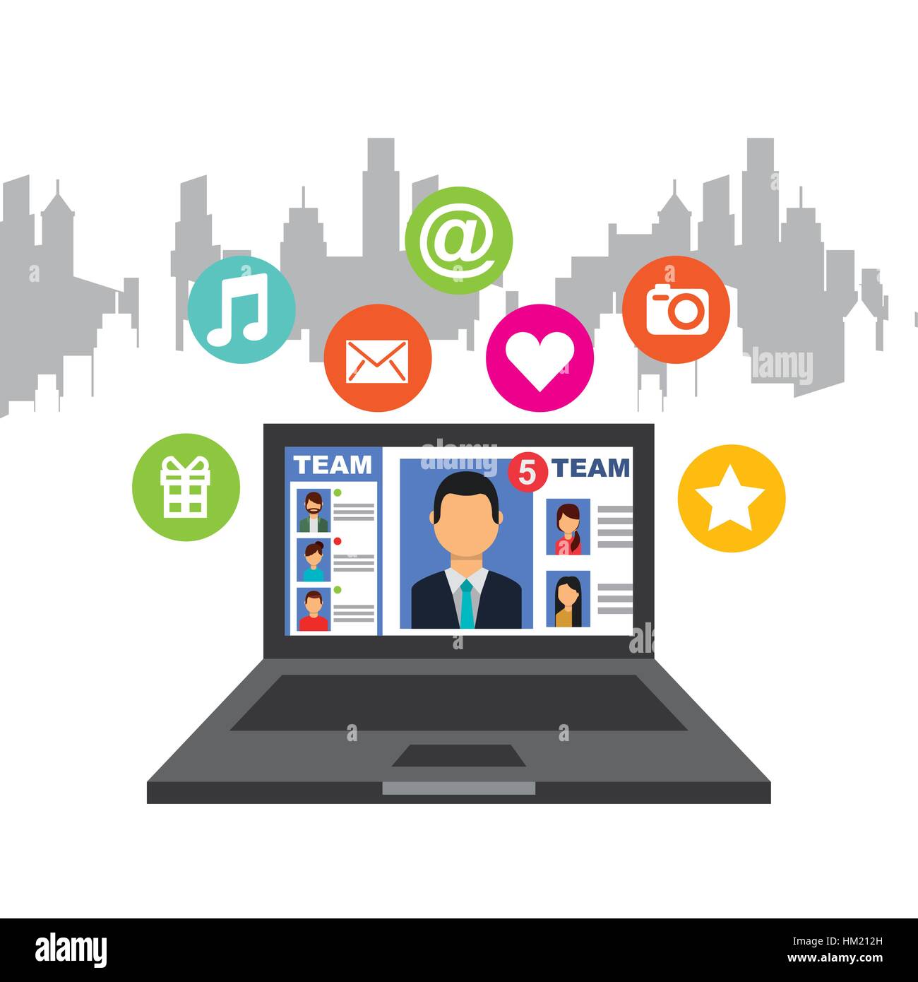 laptop computer with social media icons around over white background ...