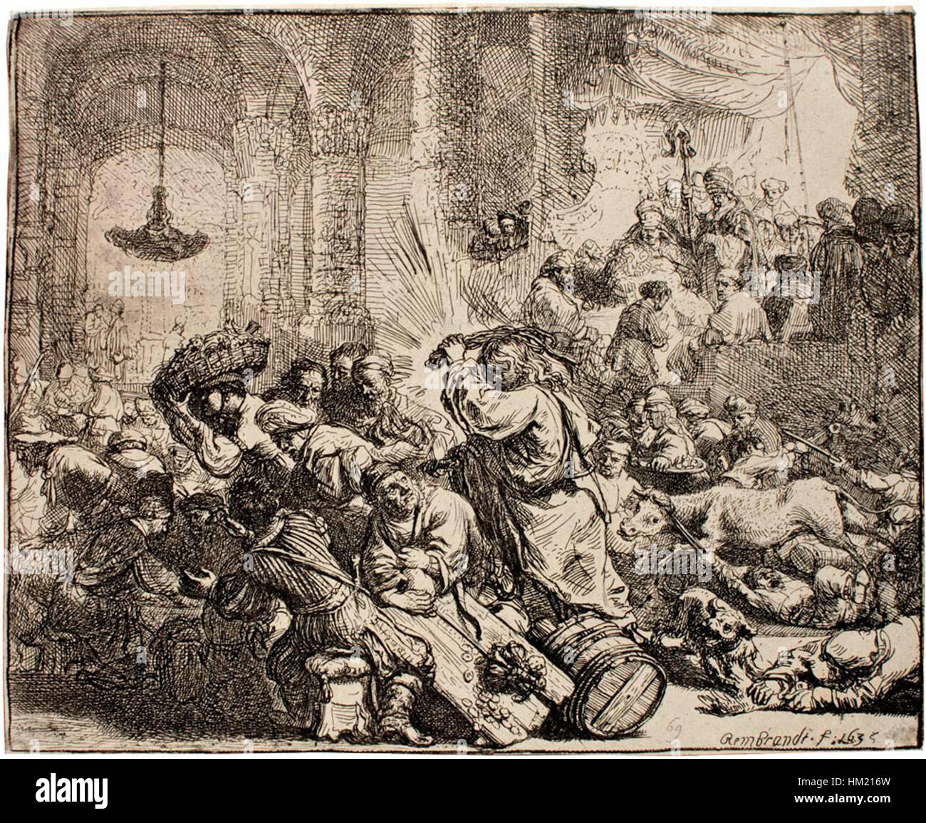 This painting depicts the biblical scene of Jesus driving the merchants ...