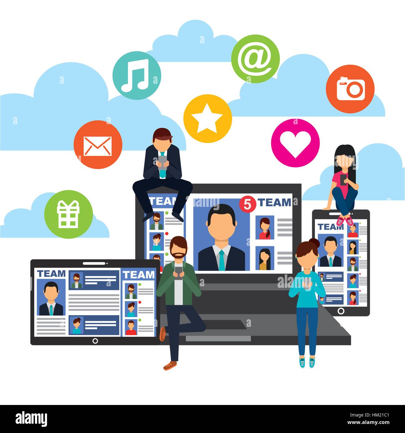 laptop computer with people and social media icons around over white ...