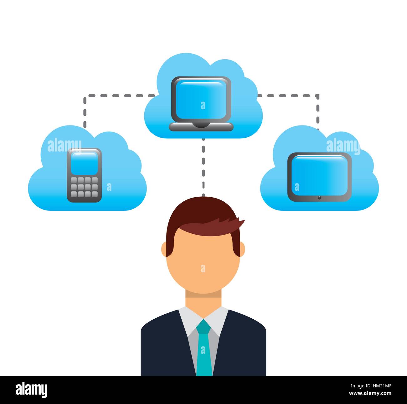 man cartoon with techonoly devices on clouds over white background ...