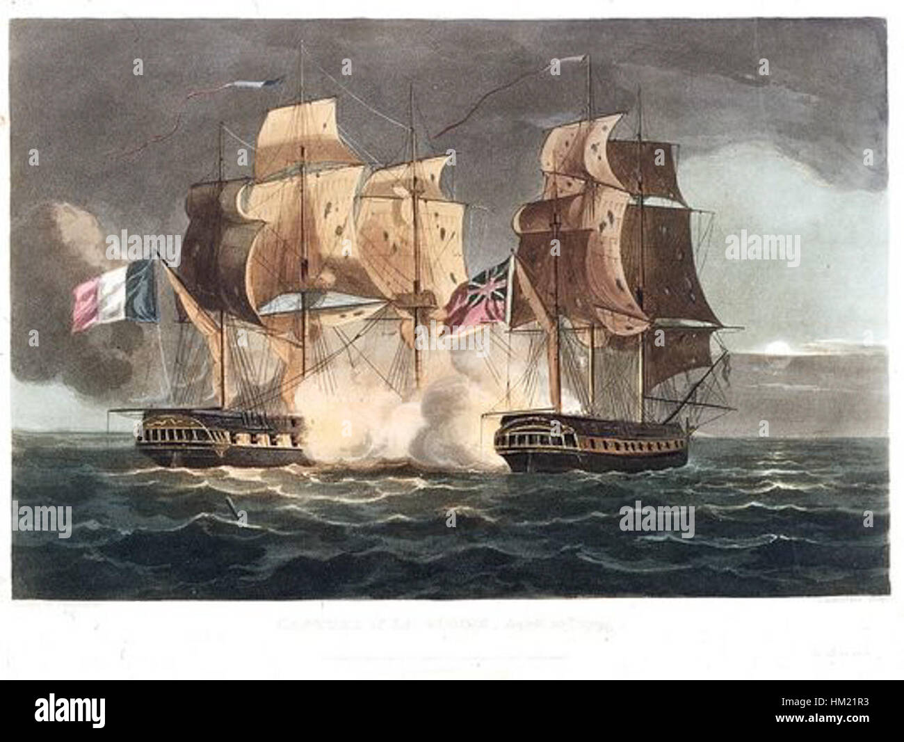 This artwork depicts the HMS Astraea and the French ship Gloire in a ...