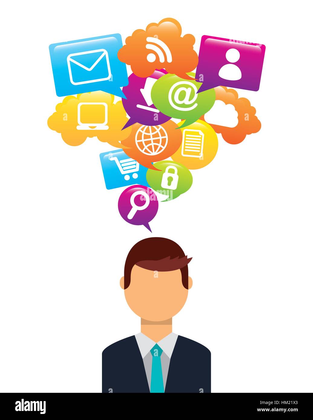 man cartoon with social media icons around over white background ...