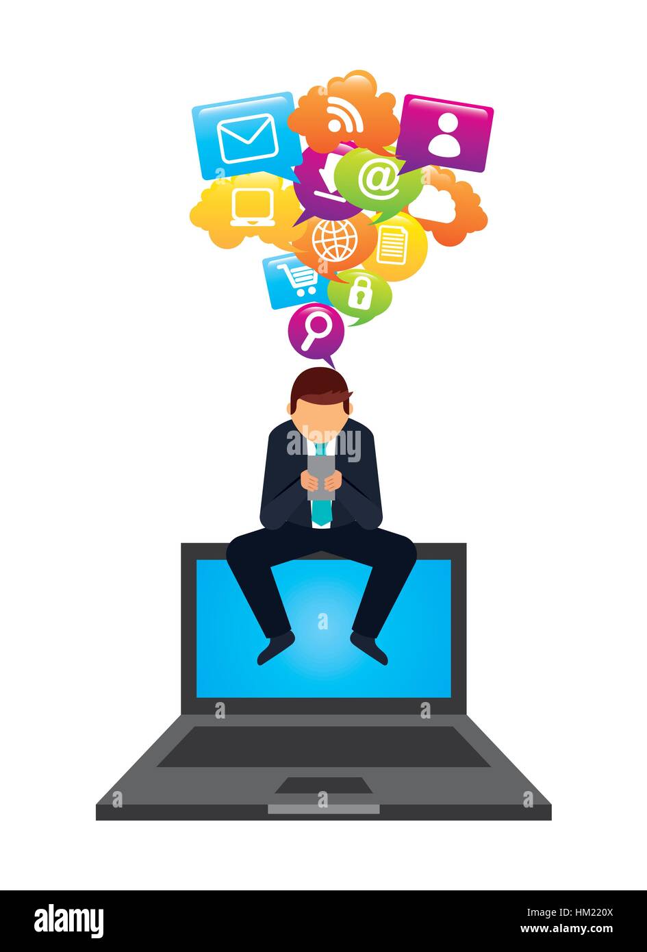 laptop and man cartoon with social media icons around over white ...
