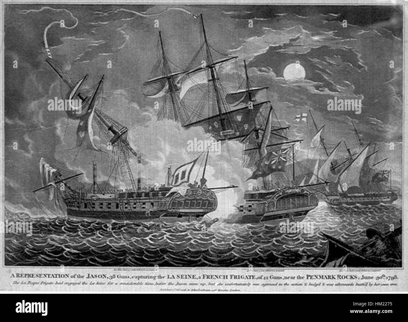 A painting depicting the HMS Jason, a British ship, alongside the ...
