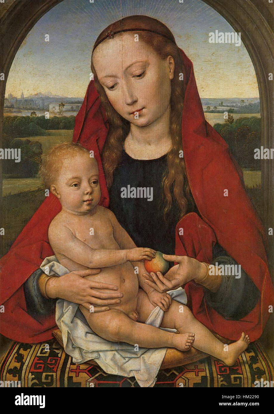 A famous artwork by Hans Memling, titled 'Virgin with Child.' This oil painting is renowned for ...