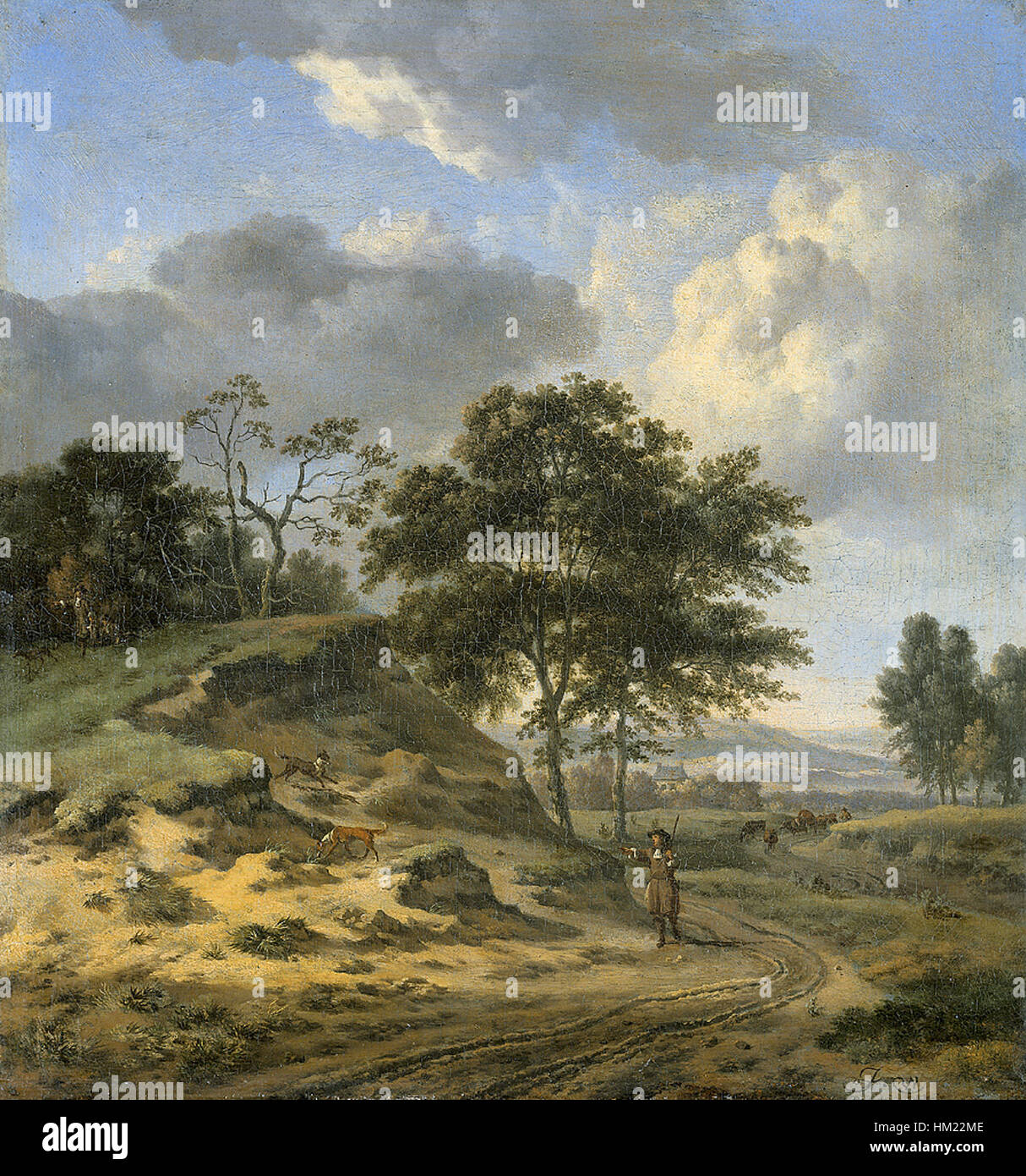 'Landschap met twee jagers' by Jan Wijnants is a Dutch landscape painting featuring two hunters ...