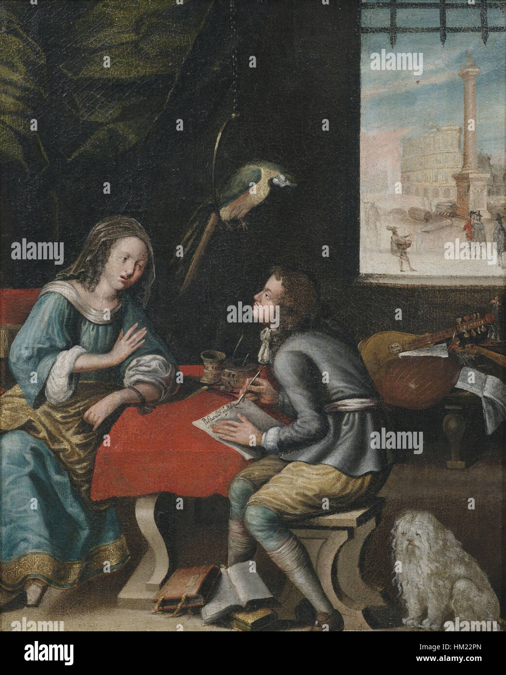 This painting depicts an interior scene featuring a scholar and a woman ...