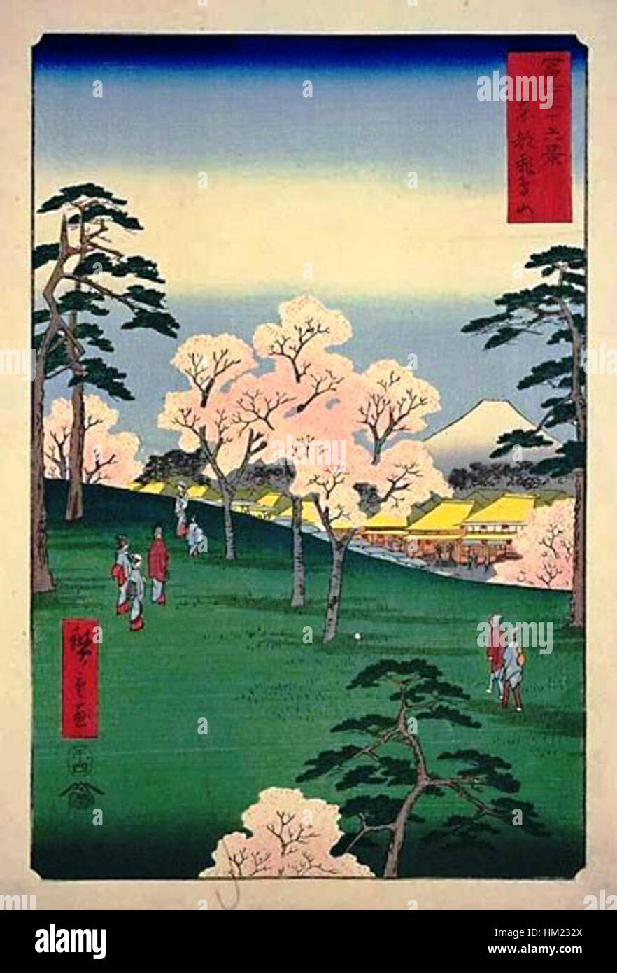 This woodblock print by Japanese artist Hiroshige depicts Asukayama ...