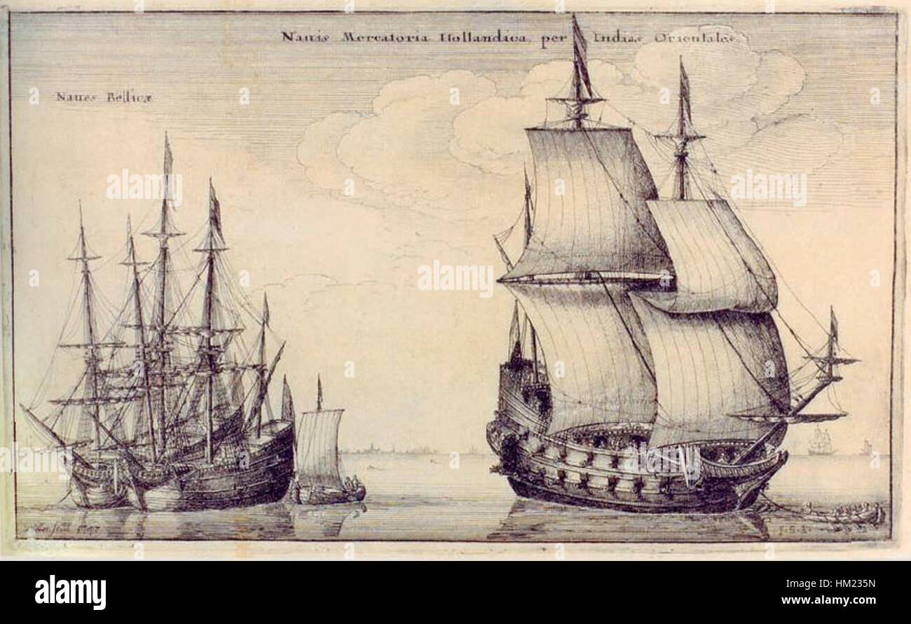 Vaclav Hollar’s 1647 engraving 'Holandska obchodni lod' depicts a Dutch ...