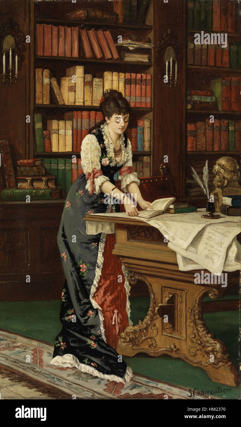 A painting by J. Charpentier depicting a woman in a library. The piece ...