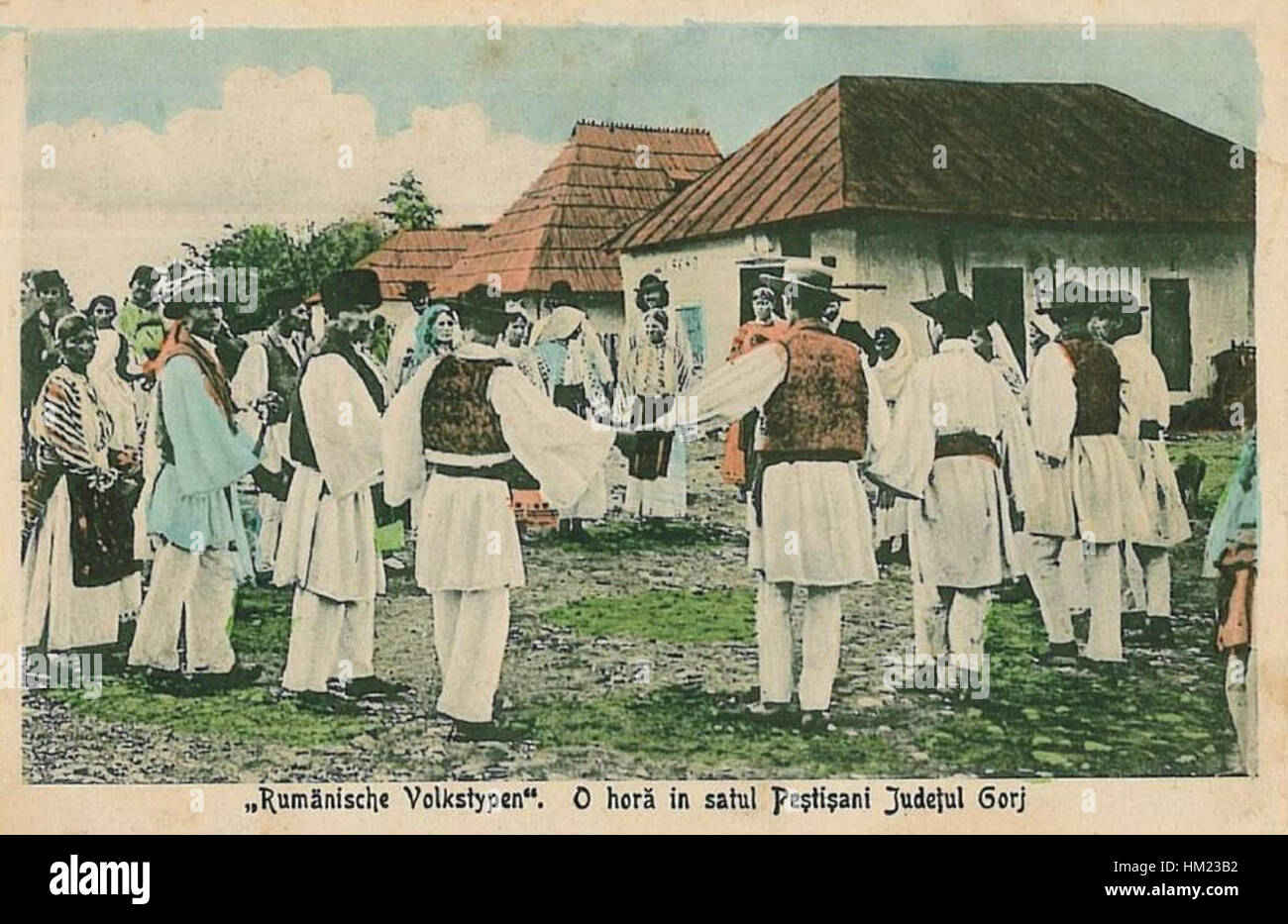 This vintage postcard features a scene of a traditional Romanian Hora ...