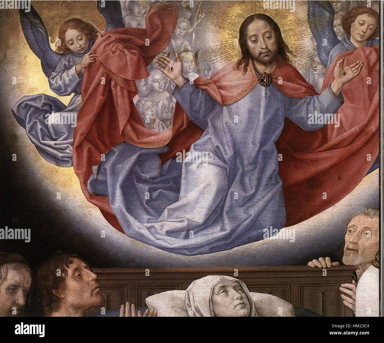 This detailed section of Hugo van der Goes' *The Death of the Virgin* showcases the somber ...